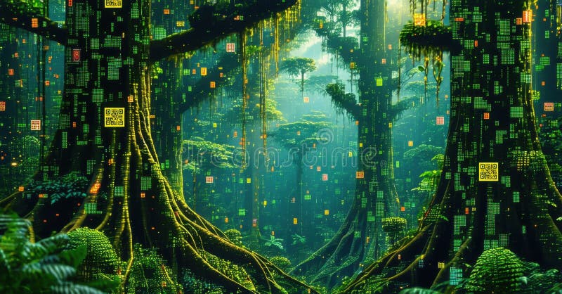 Dense Rainforest with Massive Trees Marked by Glowing Digital QR Codes ...