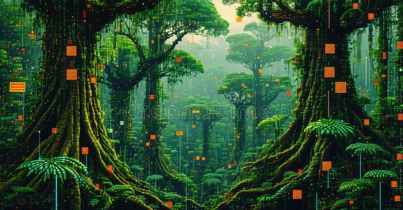 Dense Rainforest with Massive Trees Marked by Glowing Digital QR Codes ...