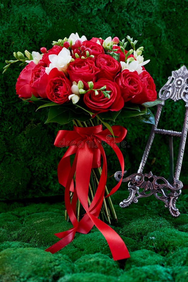 Dense Red Bouquet of Roses, Tied with a Ribbon. Close Stock Image ...