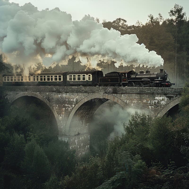 Dense Smoke Plumes from a Steam Engine Train Crossing an Old Stone ...