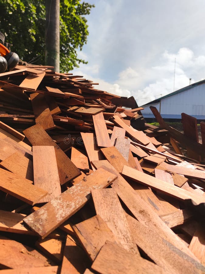 Wood Scraps Forming Angular Surface in Sunlit Timber Yard with Clear ...