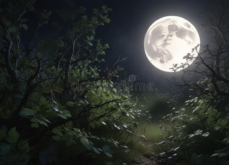 Full Moon Over Dense Bramble Thicket - Generative AI Stock Illustration ...
