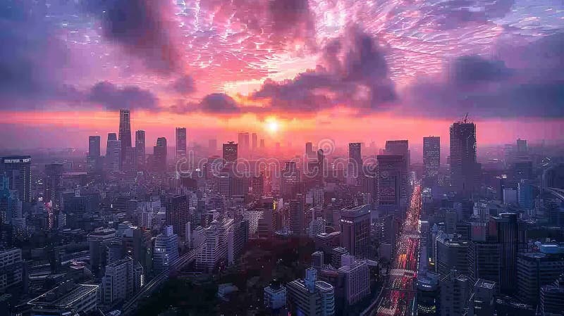 Dense Tokyo Skyline Aglow at Sunset with a View of Low-rise Structures ...