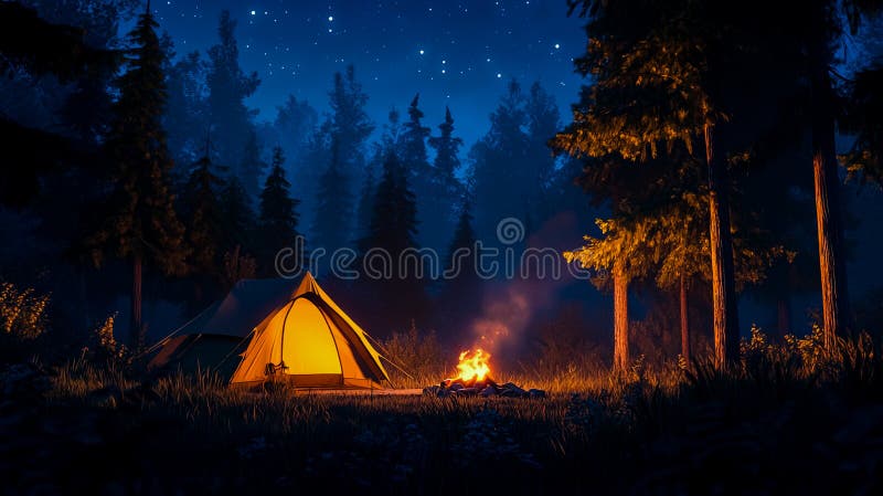 Dense, Tranquil Forest, Cozy Tent beside a Crackling Campfire at Night ...