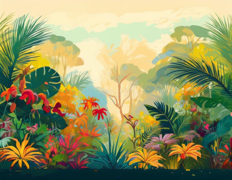 Dense Tropical Garden with Various Plants and Trees Against Bright ...