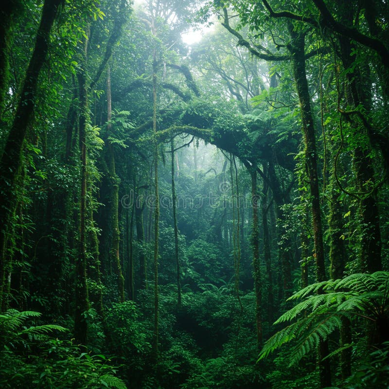 Dense Tropical Rainforest Scene with Tall Trees and Overlapping ...