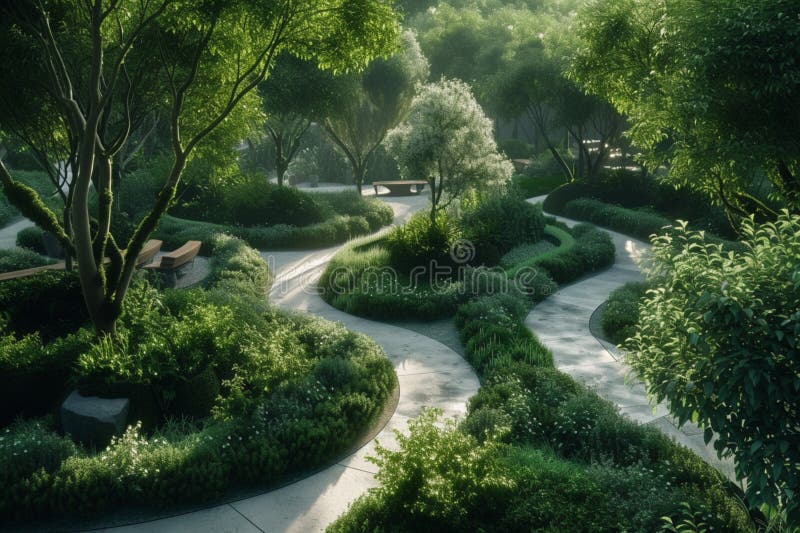 "Urban Oasis: Lush Greenery and Serpentine Paths in a Dense Urban Park ...