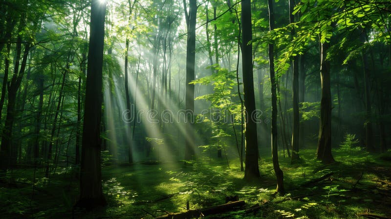 A Dense, Vibrant Green Forest with Tall Trees, Soft Moss-covered Ground ...