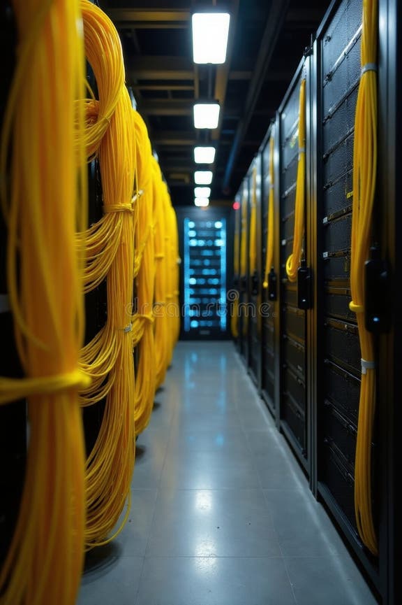 Dense Yellow Fiber Optic Cables Fill Advanced Server Room , Digital ...