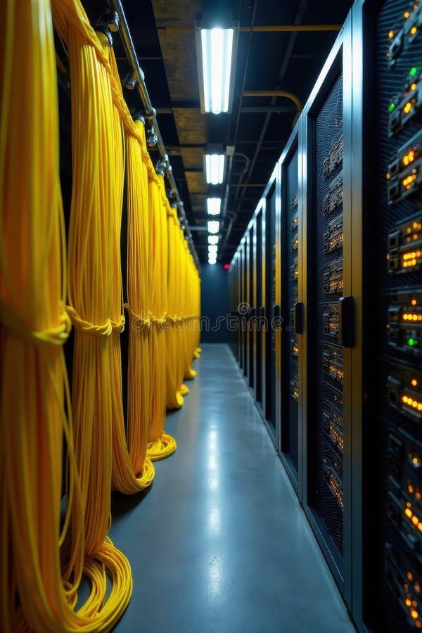 Dense Yellow Fiber Optic Cables Fill Advanced Server Room , Server ...