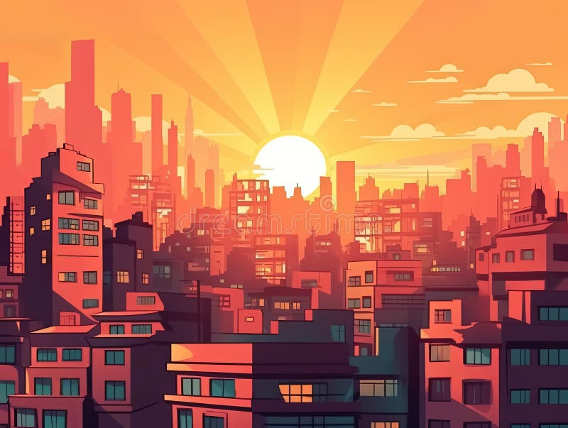 Densed City Skyline Building with Sunset for Cartoon and Game ...
