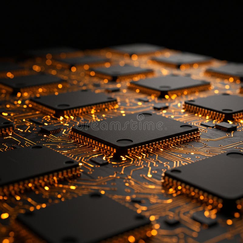Densely Arranged, Square Black Microchips on a Circuit Board with ...