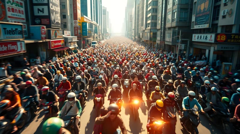 A Densely Packed Crowd of People on Motorbikes Stock Illustration ...