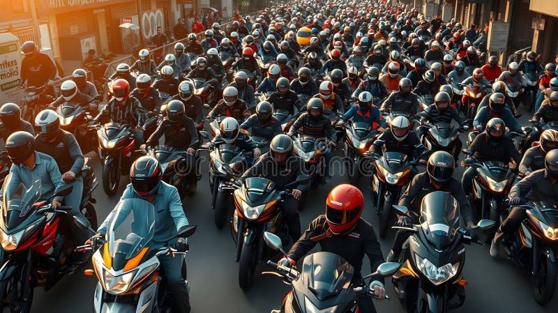 A Densely Packed Crowd of People on Motorbikes Stock Illustration ...