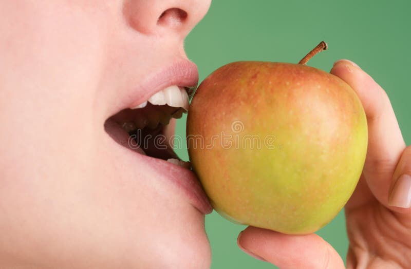 Dental Care. Healthy White Teeth Closeup with an Apple. Stock Image ...