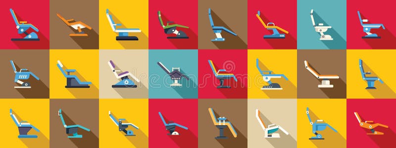 Dental Chair Icons Flat Set Vector. a Row of Chairs with Different ...