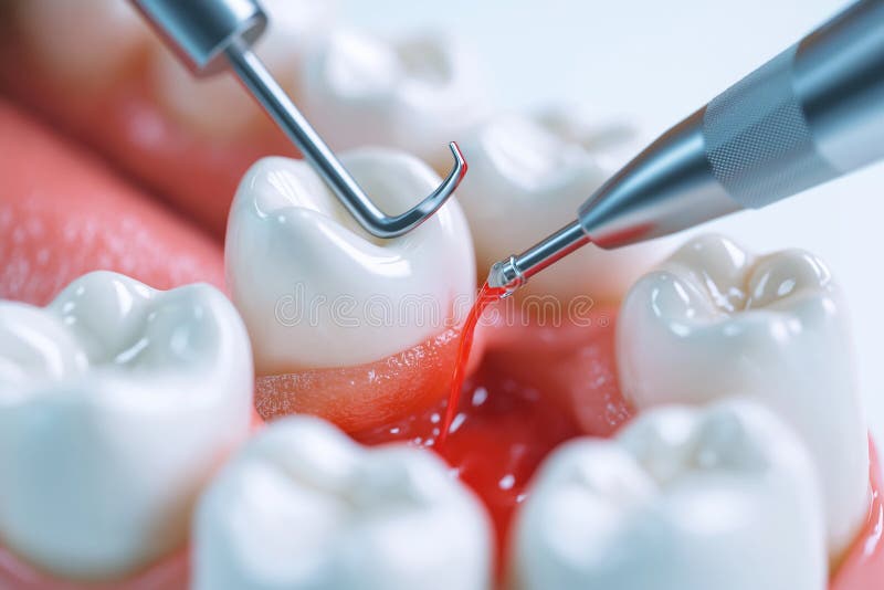 Dental Cleaning Process with Tools and Blood on Teeth Stock Photo ...