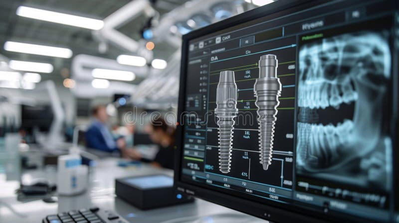 High Tech Dental Clinic Displaying 3D Dental Implant Designs and X Ray ...