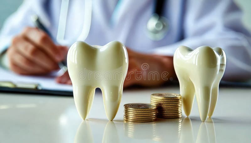 Dental Concept with Two Large Tooth Models and Stacks of Coins in Front ...