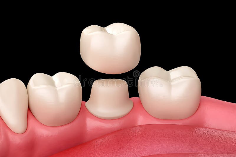 Dental Crown Placement Illustration Showing Tooth Preparation and Crown Fitting Stock ...
