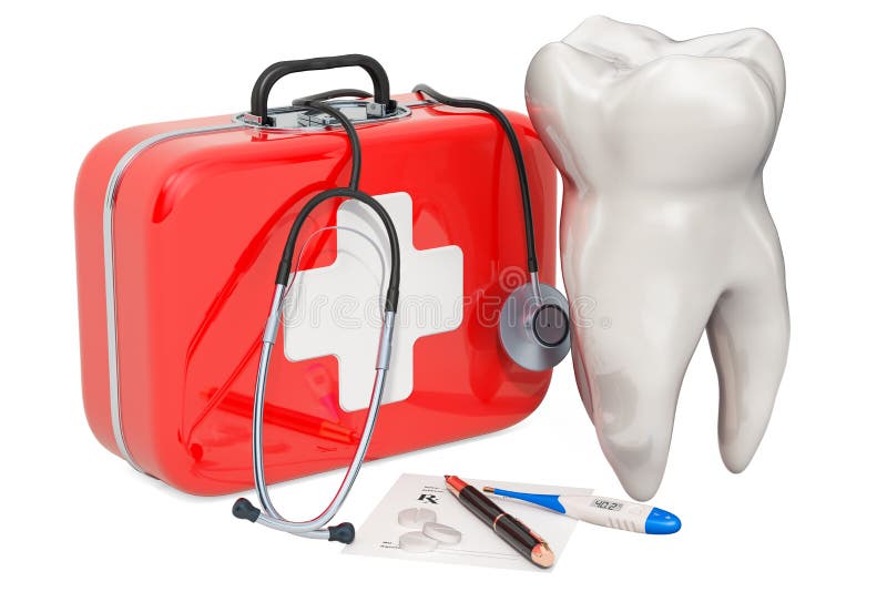 Dental First Aid Concept. Tooth with First Aid Kit, 3D Rendering Stock ...
