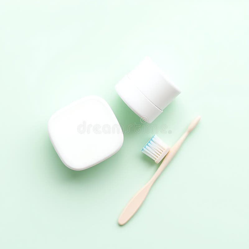 A Dental Floss Container and a Small Toothbrush on a Pastel Mint Green ...