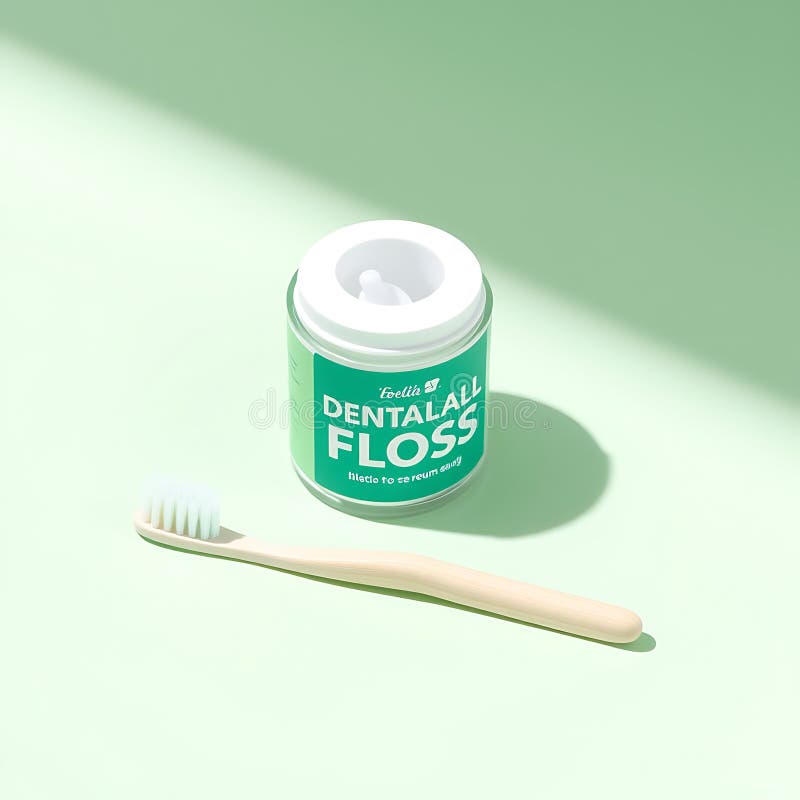 A Dental Floss Container and a Small Toothbrush on a Pastel Mint Green ...