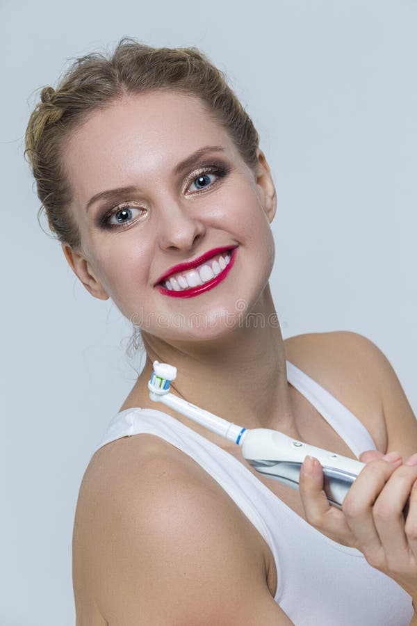 Dental Healthcare Concepts Happy Smiling Caucasian Blond Woman In Bra