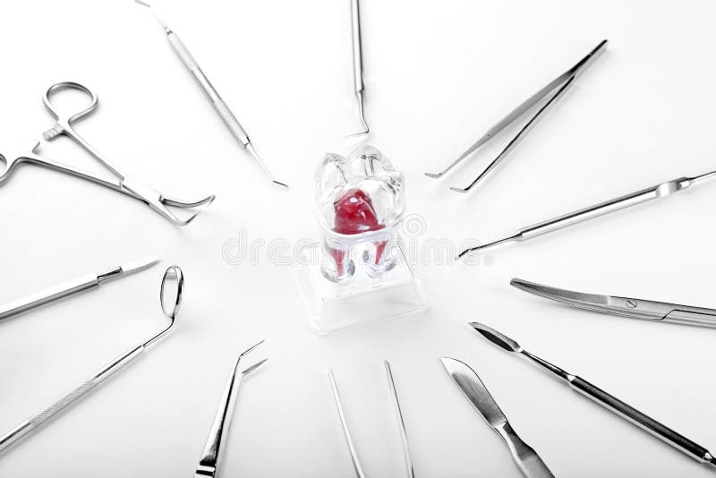 Dental Instruments and Occlusal Splint on Color Background Stock Photo ...