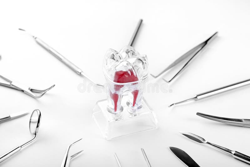 Dental Instruments and Occlusal Splint on Color Background Stock Photo ...
