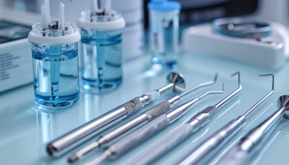 Dental Instruments on Table in Blue Liquid Solution Stock Image - Image ...