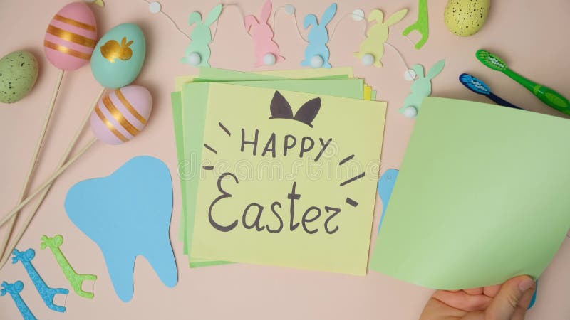 Dental Layout with Hands, Teeth Figurines and Postcard with Happy ...