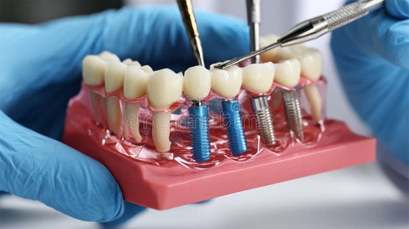Dental Model Displaying Teeth Implants and Gingiva on a Pink Base ...