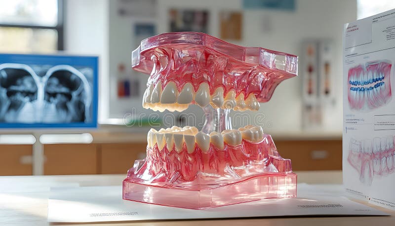 Dental Model with Gums, Anatomy Charts and Panoramic X-ray on Table ...