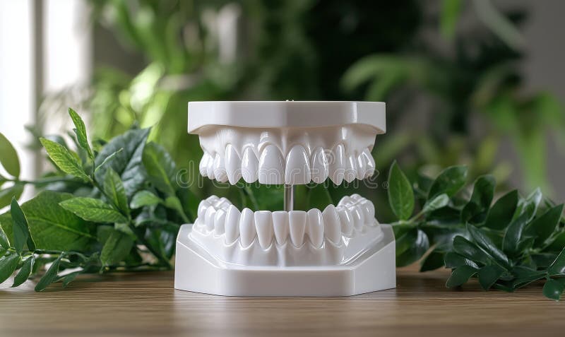 Dental Model Showcasing Upper and Lower Teeth with Greenery Background ...