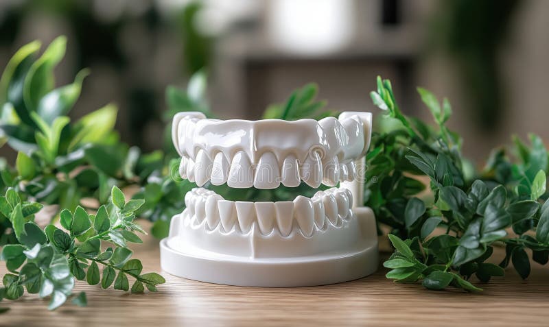 Dental Model Showcasing Upper and Lower Teeth Surrounded by Greenery ...