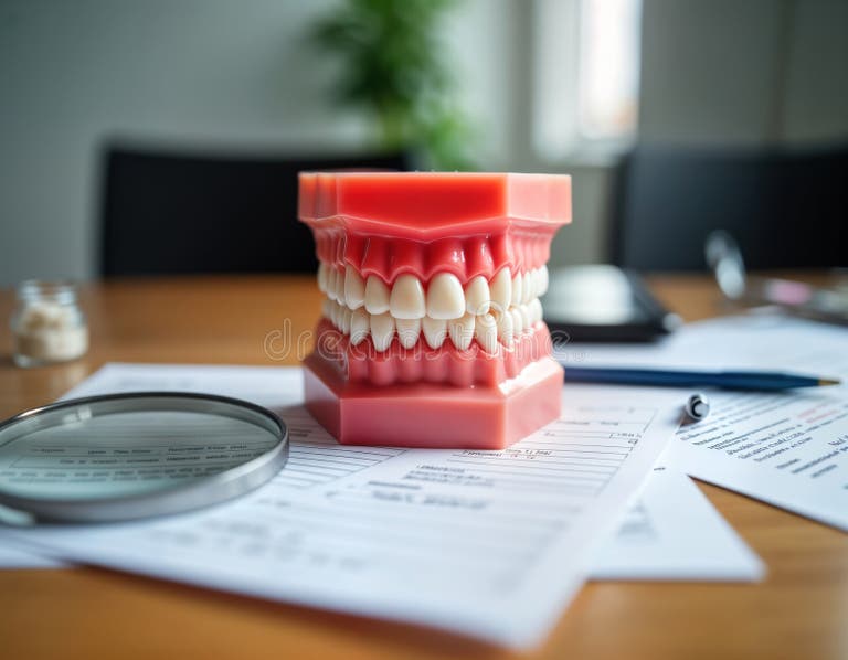 Dental Model Sits on Desk with Documents, Tools. Pro Workspace for ...