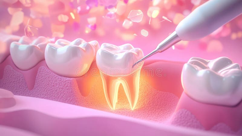 Dental Procedure Illustration with Glowing Tooth and Tools in Pink ...