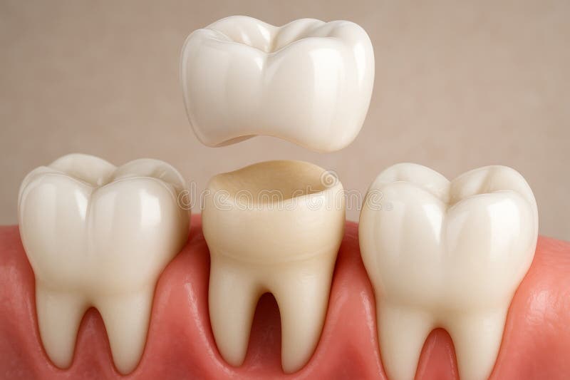 Dental Professional Placing Ceramic Crown Onto Prepared Tooth Surface ...