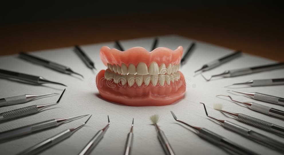 Dental Prosthesis and Instruments a Complete Denture Set Surrounded by ...