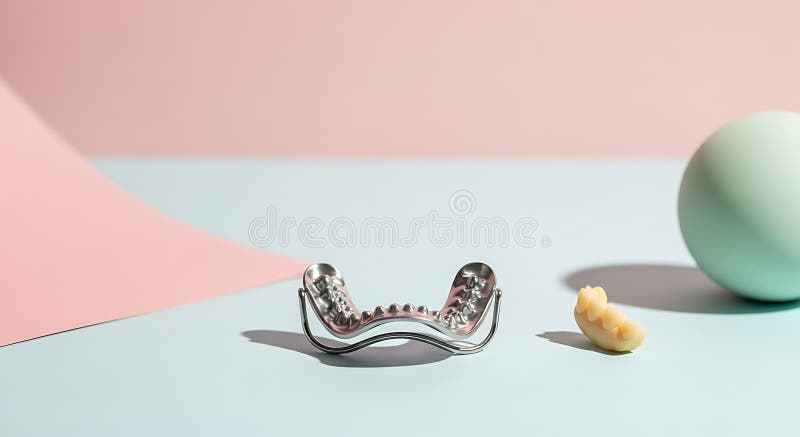 Dental Retainer and Tooth Model on Pastel Background Stock Photo ...