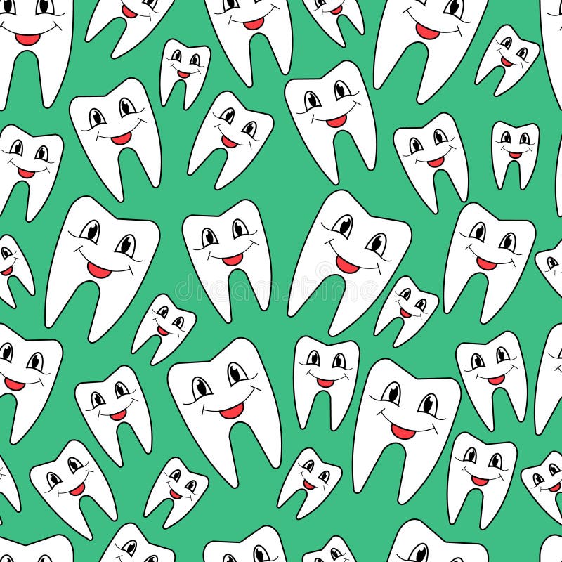 Dental Seamless Pattern: Cute White Teeth on Green Background Stock ...