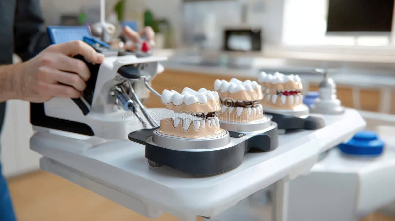 Dental Technician Manufacturing Dentures in a Dental Laboratory Stock ...