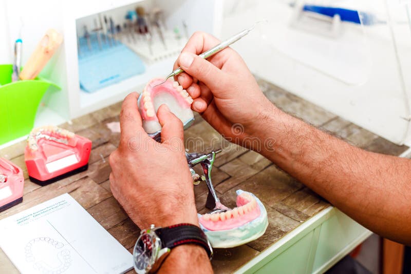Dental Technician Working with Artificial Implants Stock Photo - Image ...