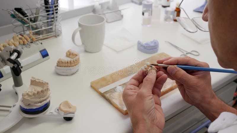 Dental Technician Coloring Dental Prosthesis with a Paint Brush at the ...