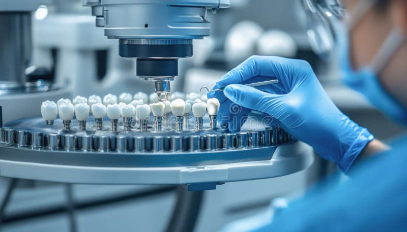 Dental Technician Working with Dental Implants and Teeth in Laboratory ...