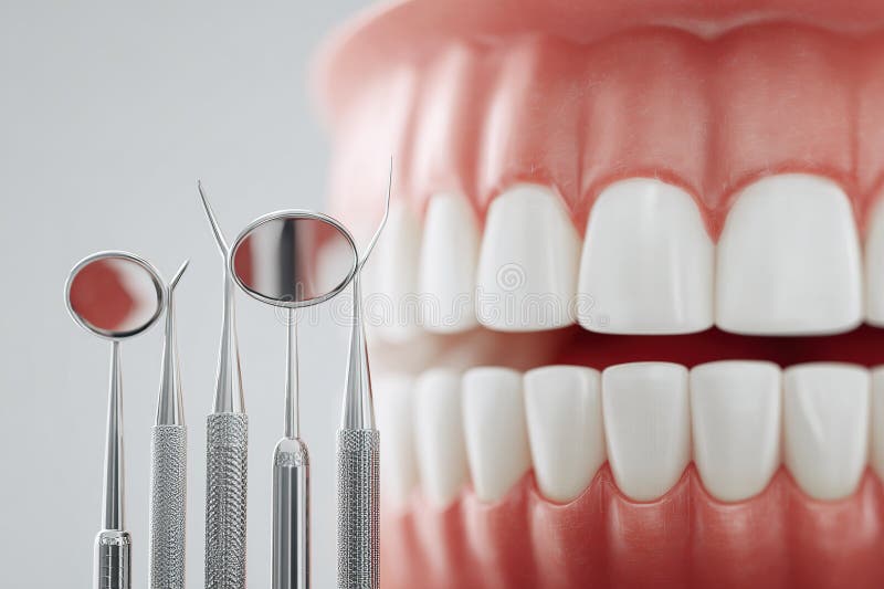 Dental Tools Arranged in Front of a Healthy Set of Teeth during a ...