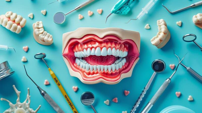 Dental Tools and Model Teeth on a Blue Background. Realistic Image with ...