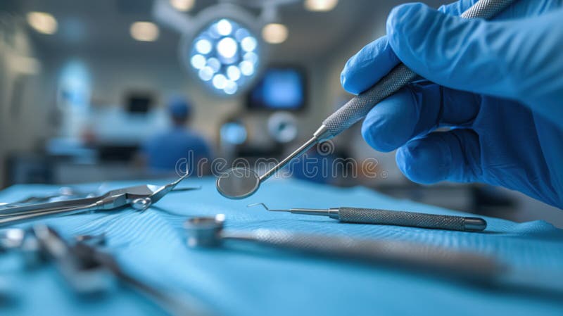 Dental Tools on an Operating Table, with Hands in Blue Gloves Holding ...