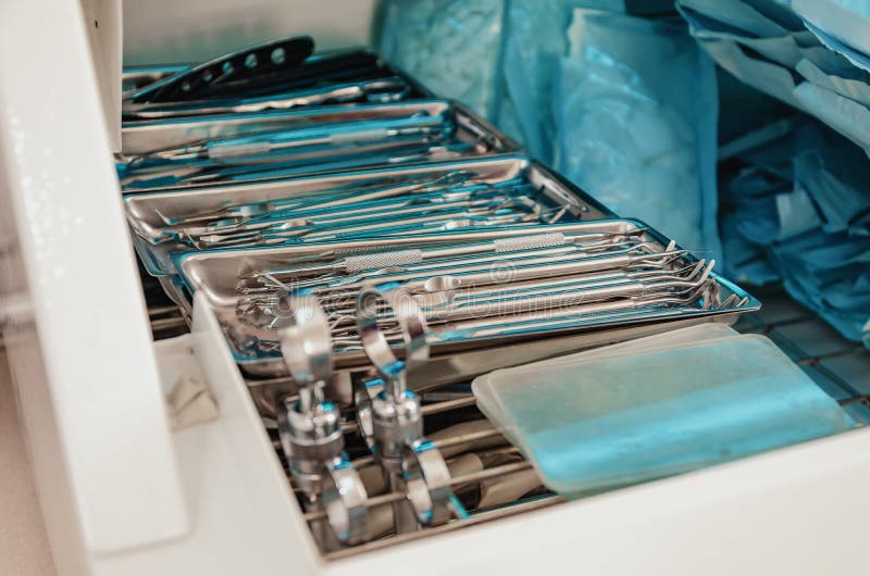 Dental Tools in Trays in a Sanitizer, UV Light Stock Photo - Image of ...